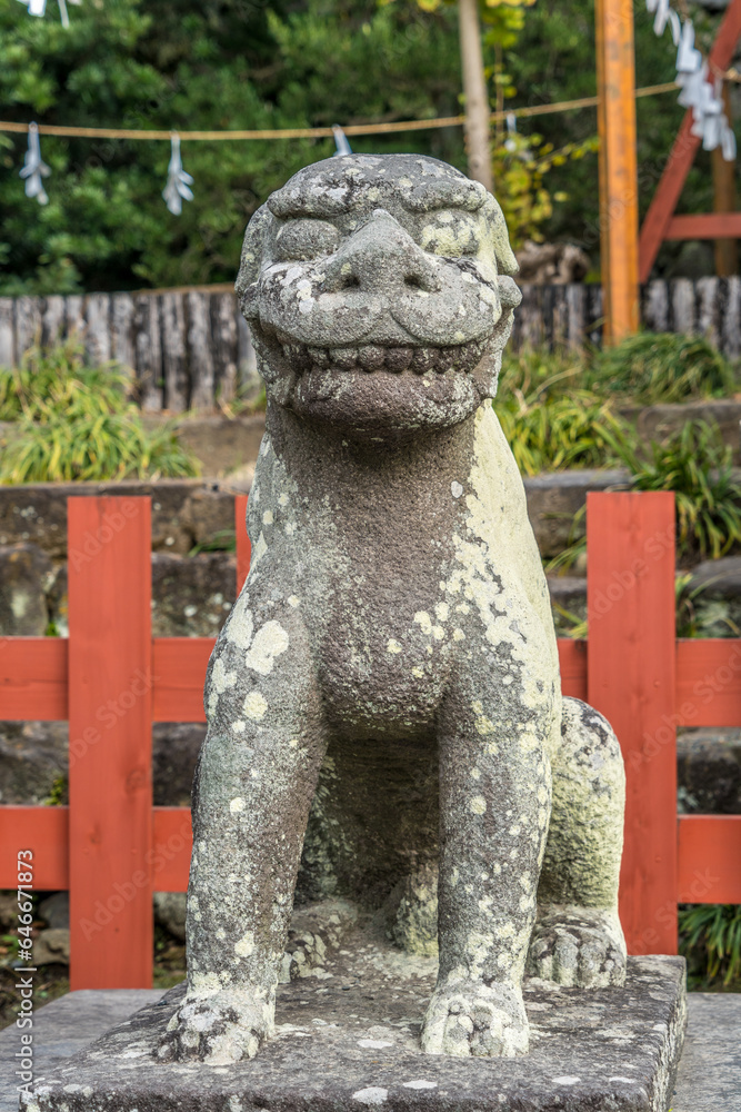 Stone carved a-gyo (Mouth closed) Komainu Lion-dog guardian dated year ...