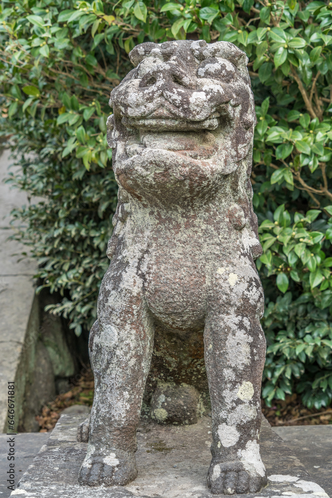 Stone carved um-gyo (Open mouth) Komainu Lion-dog guardian dated year ...