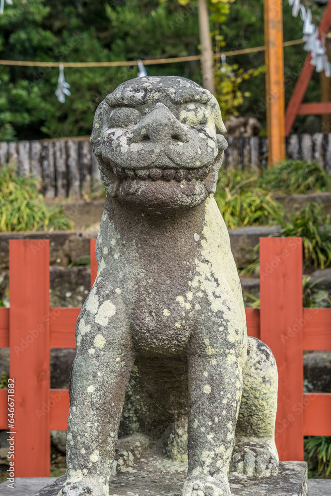 Stone carved a-gyo (Mouth closed) Komainu Lion-dog guardian dated year ...