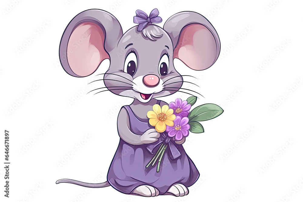 Cute Happy Girl Mouse Wearing a Purple Dress and Holding Flowers ...