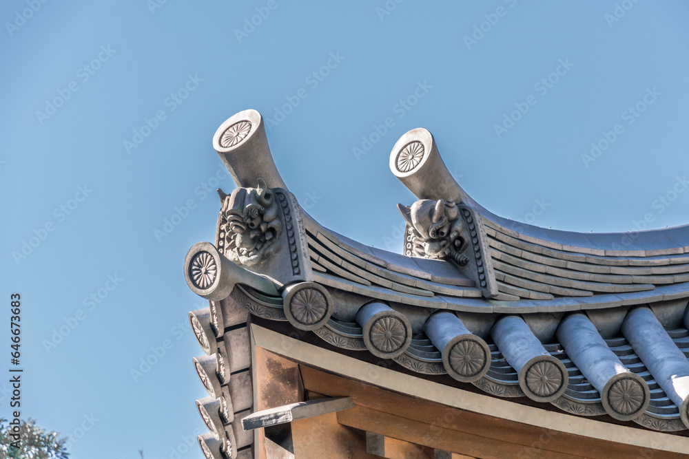 Onigawara (Goblin Ogre tile) roof ornament at Nihon-ji Temple ...