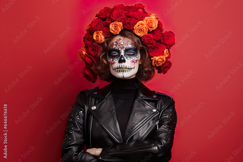 day of the dead young woman represents saint death with sugar skull ...