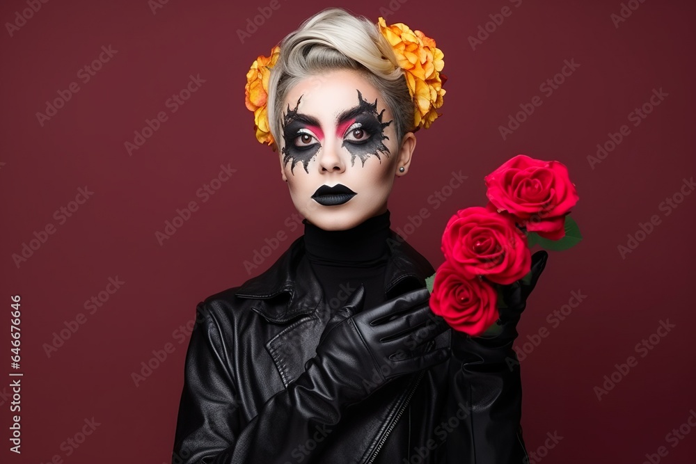 day of the dead young woman represents saint death with sugar skull ...