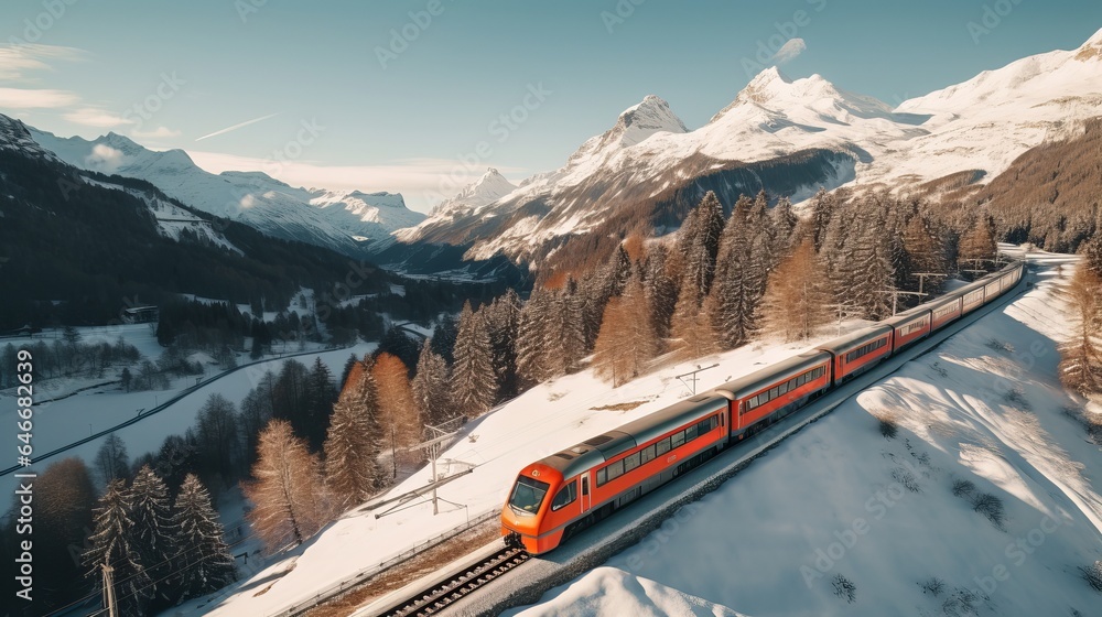 An aerial view of a train traversing the renowned mountains of Filisur ...
