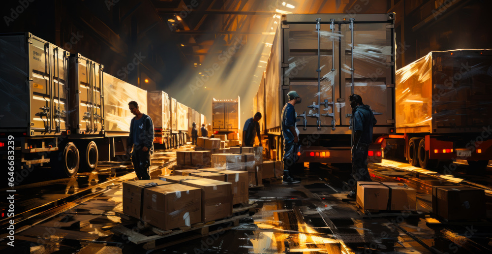 Employees loading boxes into a trucks at a warehouse. A group of men ...