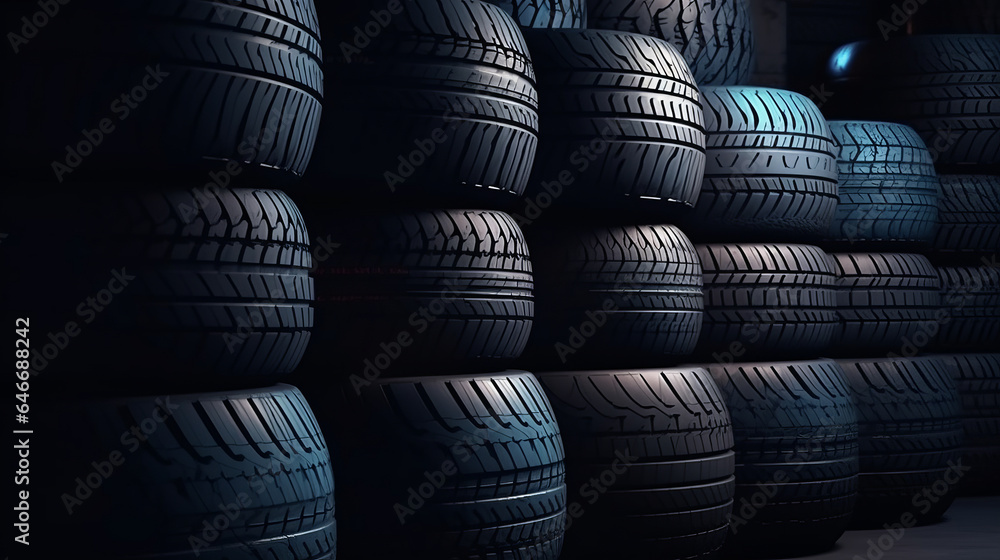 New tires pile on a dark background. Tire fitting background. stack of ...