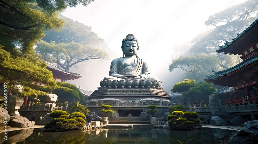 Buddhist temple in nature with big Budha statue and lake. Postproducted ...