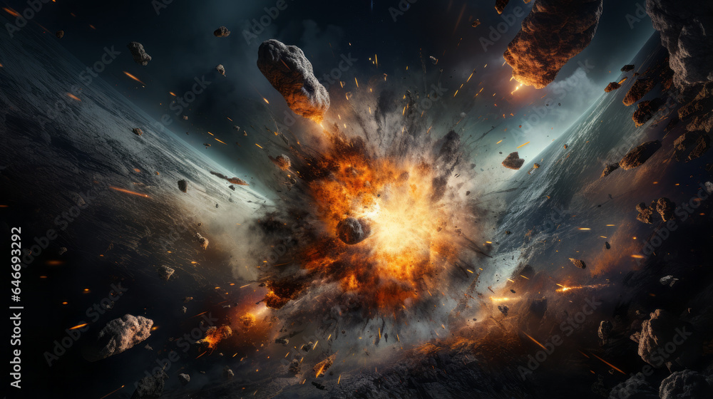 Apocalypse in space, destroying cosmic object.Combat rocket takes the ...