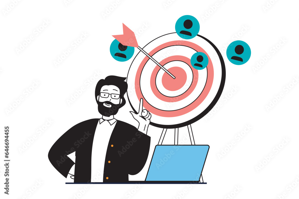 Target audience concept with people scene in flat web design. Man ...