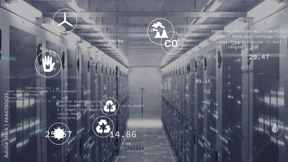 Animation of icons and computer language over bars on data server racks in server room vídeo de ...