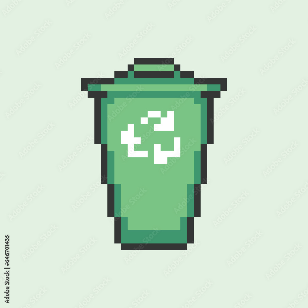 this is trash icon in pixel art with simple color and green background ...