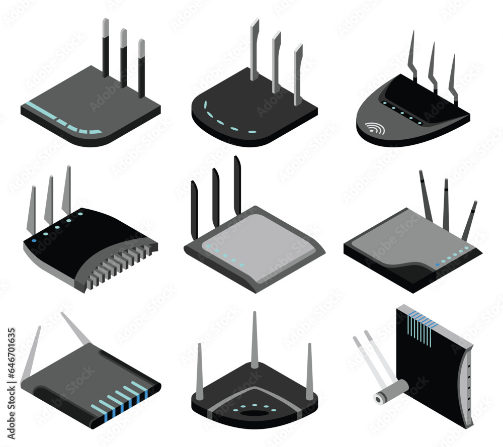 Router isometric icons set. Vector wifi routers, internet modem for web ...