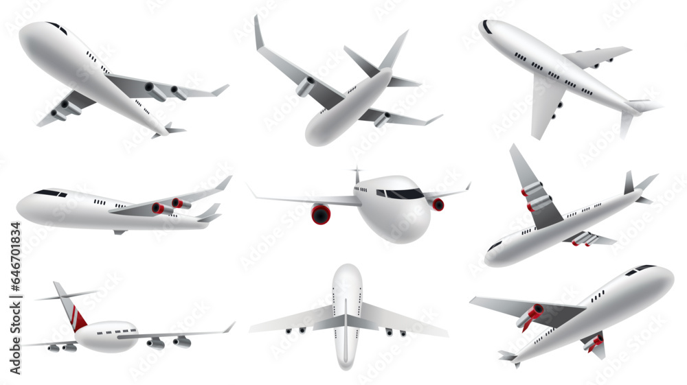 Airplanes on white background. Airliner in top, side, front view and ...