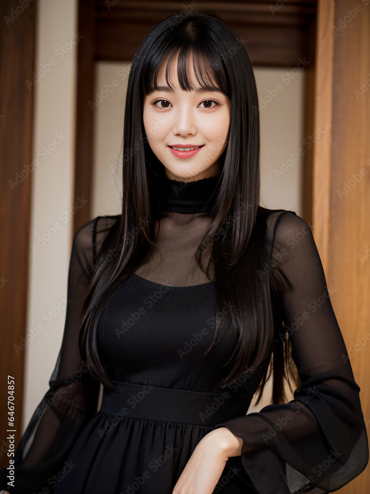 A young Chinese woman in a carefree pose, her black dress billowing in ...