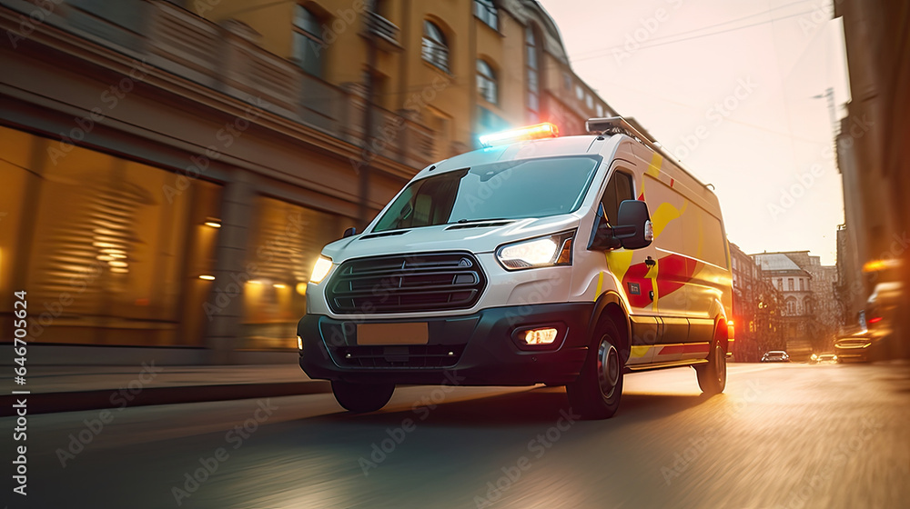 a Medical emergency ambulance driving during traffic jam on city road ...