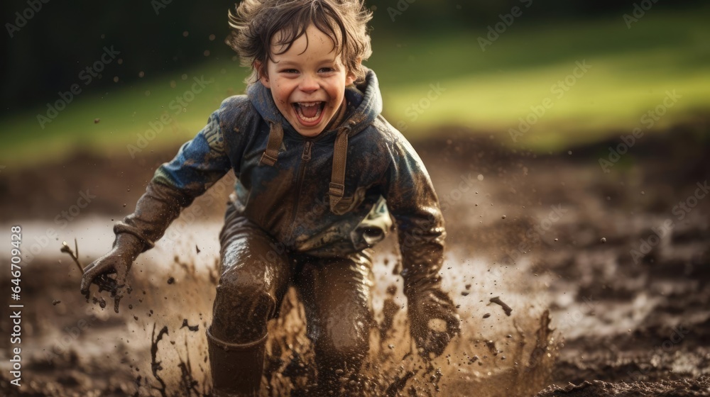 Super excited young child jumping in a puddle of mud outdoors Stock ...