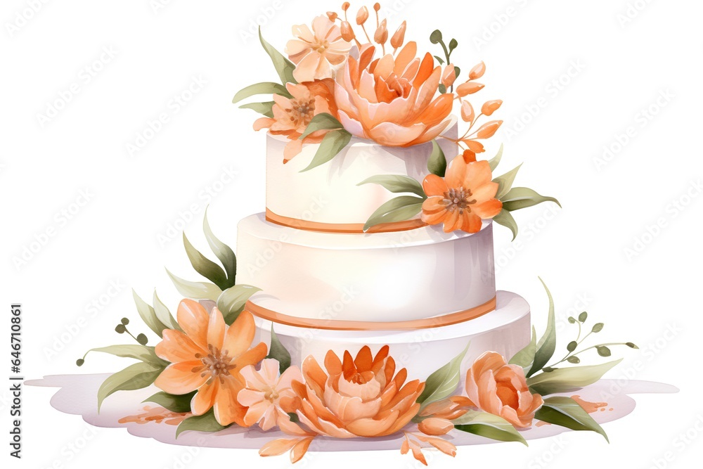 Cake with flowers and leaves on a white background. Vector illustration ...