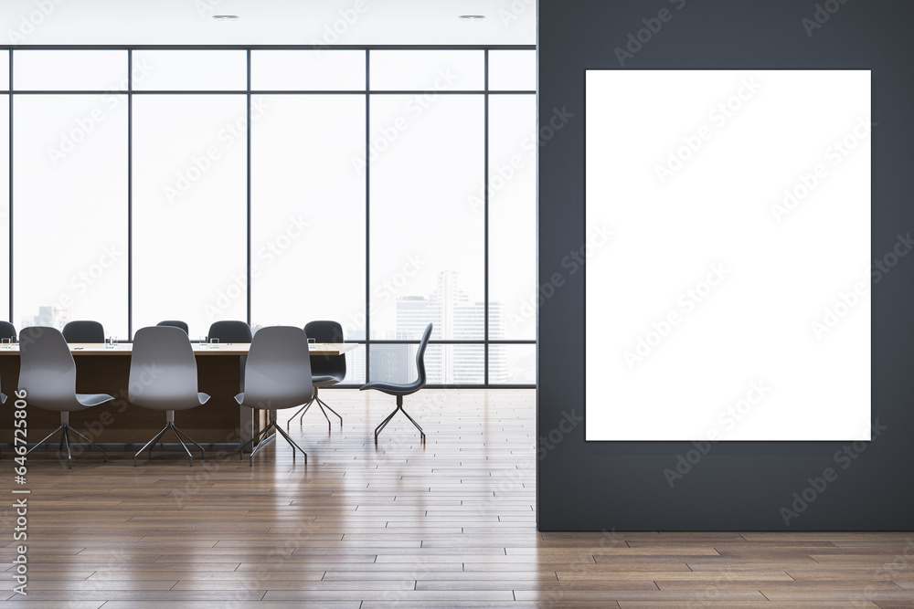 Modern meeting room interior with mock up banner on wall, reflections ...