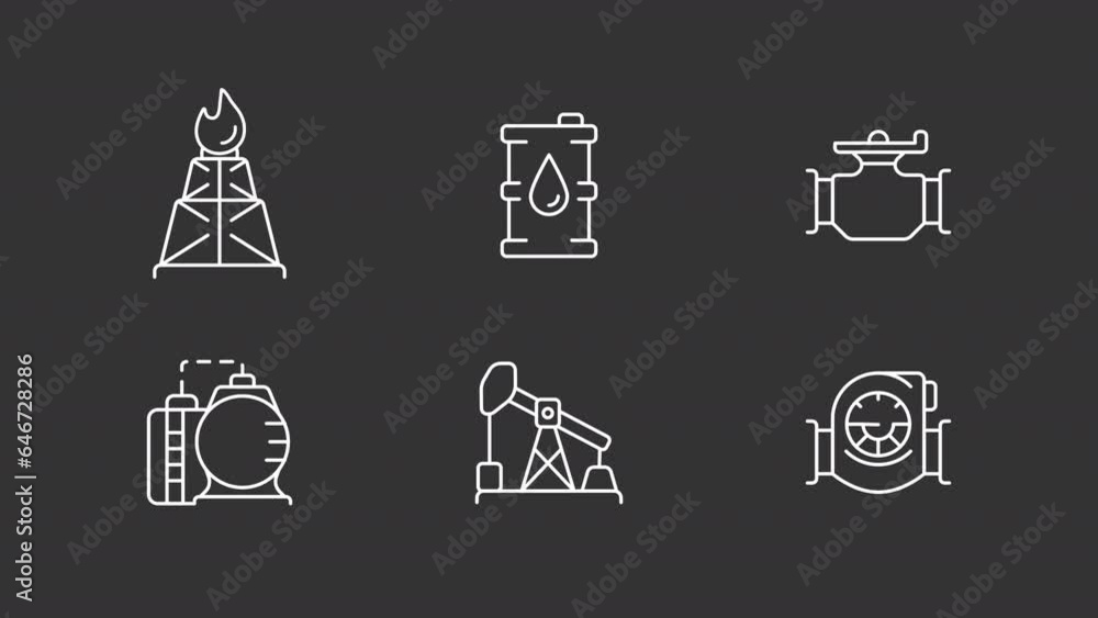 2D collection of white thin linear icon animations representing oil ...