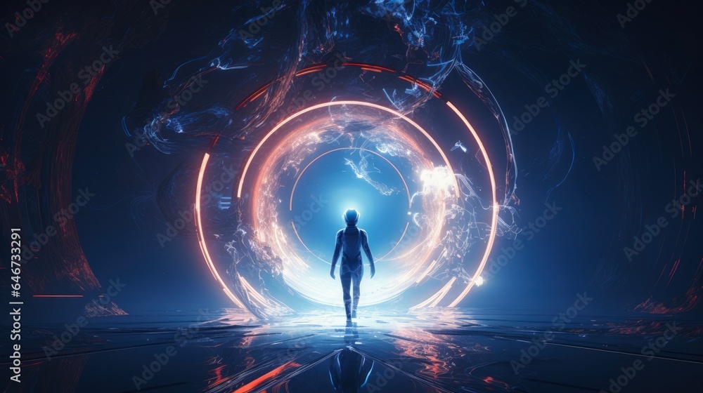 Futuristic Exit from Void: Strange Woman Astronaut in Glitching Cyborg ...