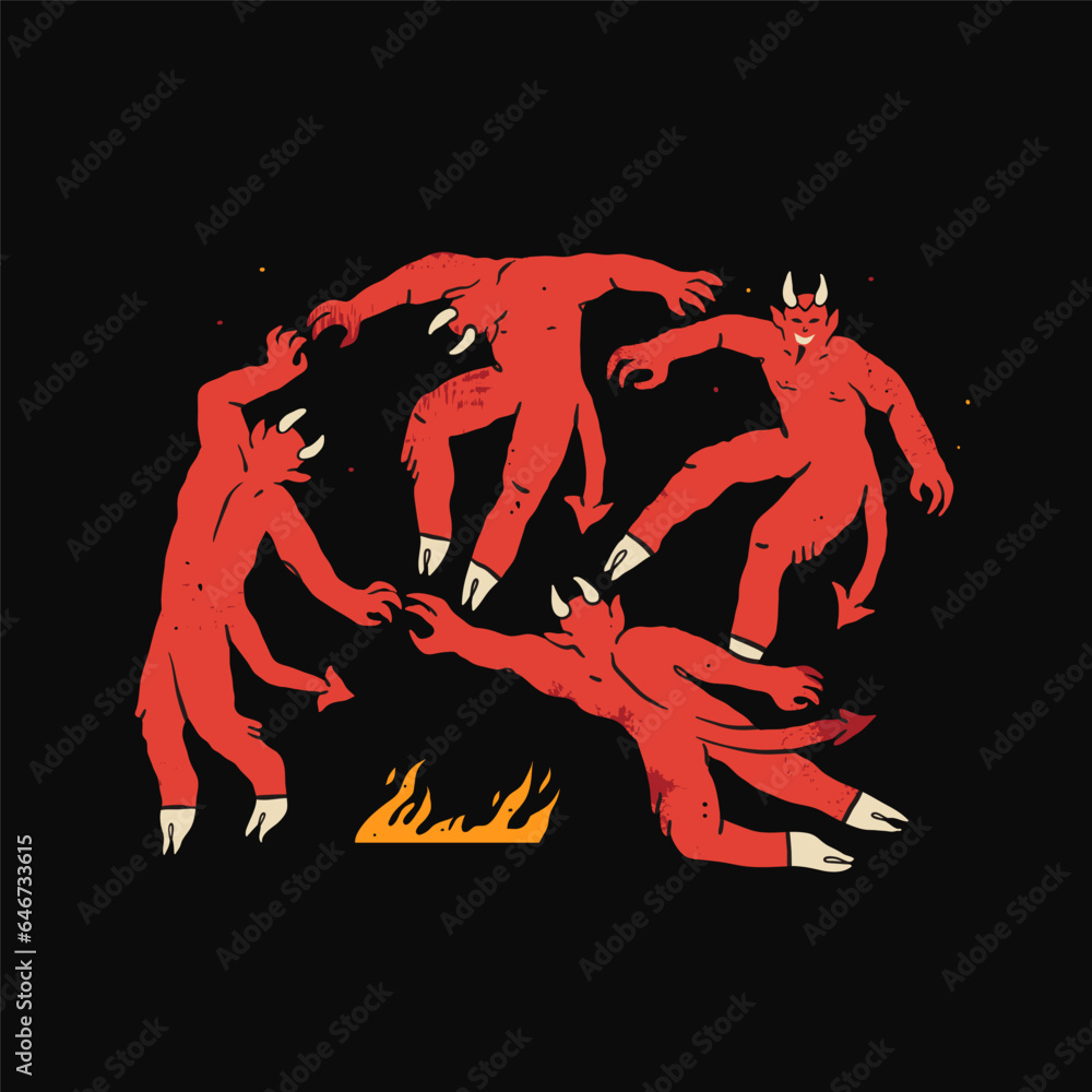 Stockvektorbilden Dancing red devils walking around. Demon, devil or ...