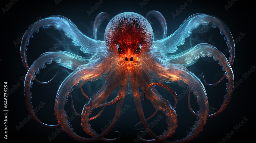 octopus kraken, a fictional deep-sea luminous transparent creature ...