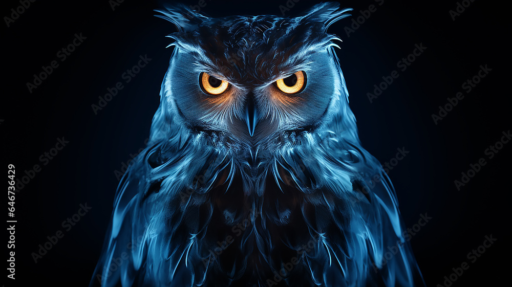 neon glowing generated owl on black background, predatory night bird ...