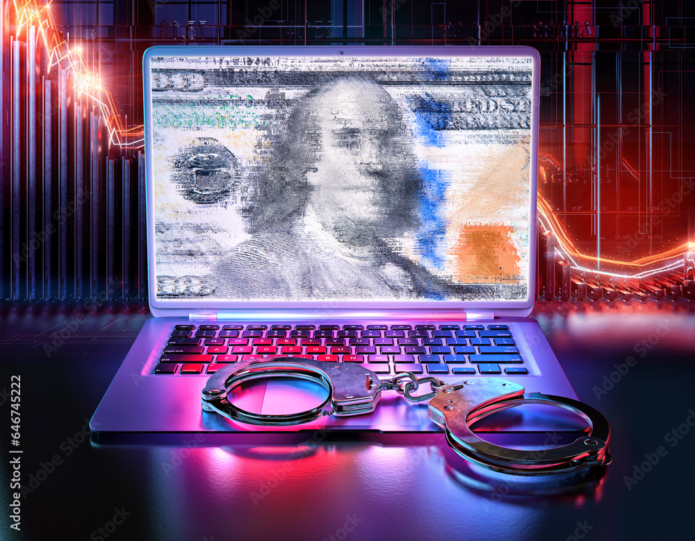 Metal handcuffs on laptop computer keyboard, dollar bill on screen ...