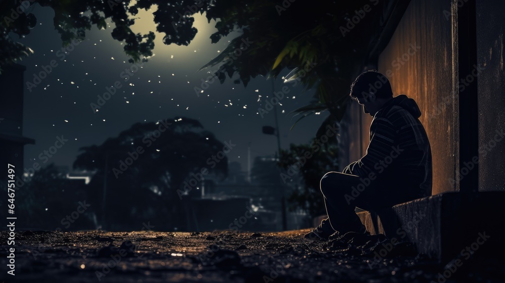 silhouette of a depressed man sitting on the roof of a residential ...