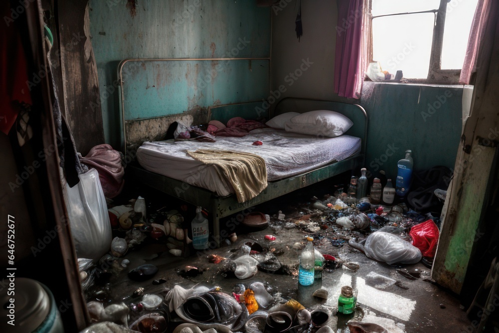 Room in a slum with a dirty bed with a pillow and a blanket, pots ...