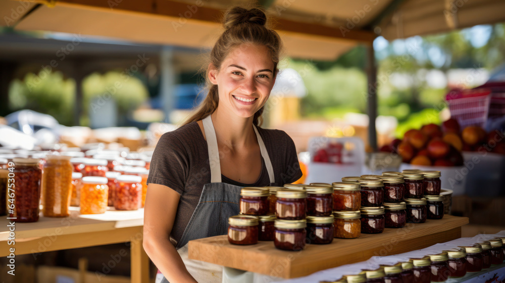 Woman selling jars of jam at a farmers market Stock Photo | Adobe Stock