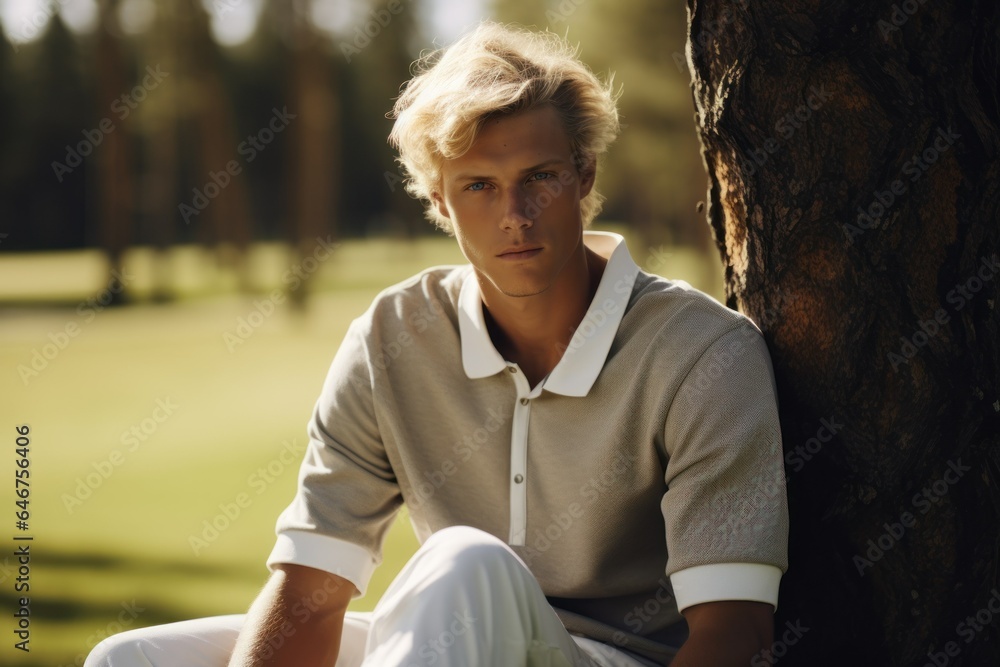 Portrait of a Fictional Handsome Nordic Male Model Sitting by a Tree on ...