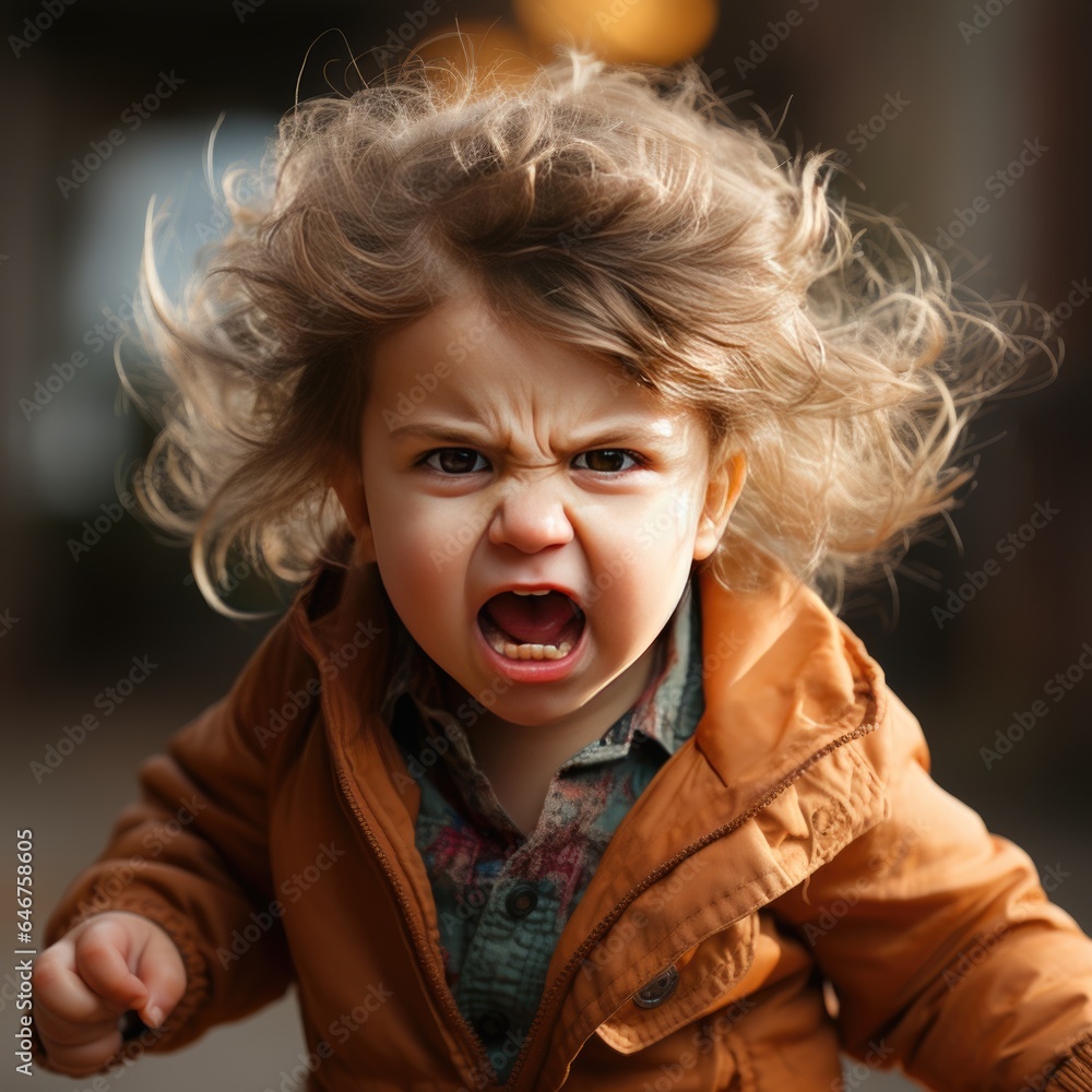 Little brunette girl crazy and frantic screams and shouts with an ...