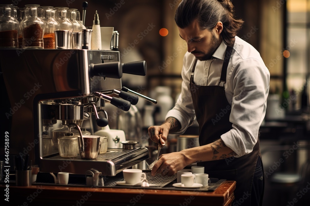 a young attractive male barista in elegant clothes white shirt and vest ...