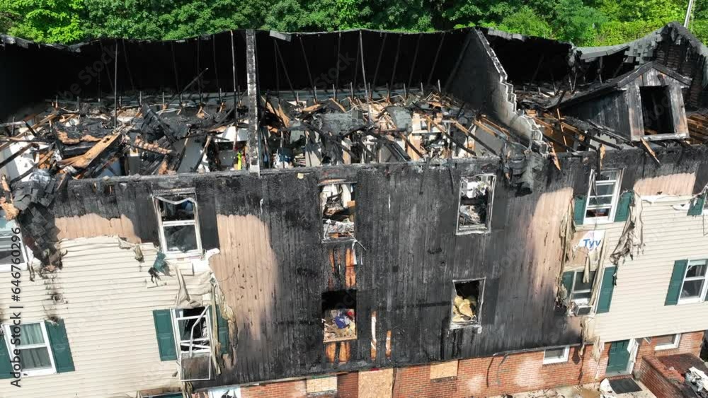 Apartment home with burnt exterior. Aerial establishing shot of ...