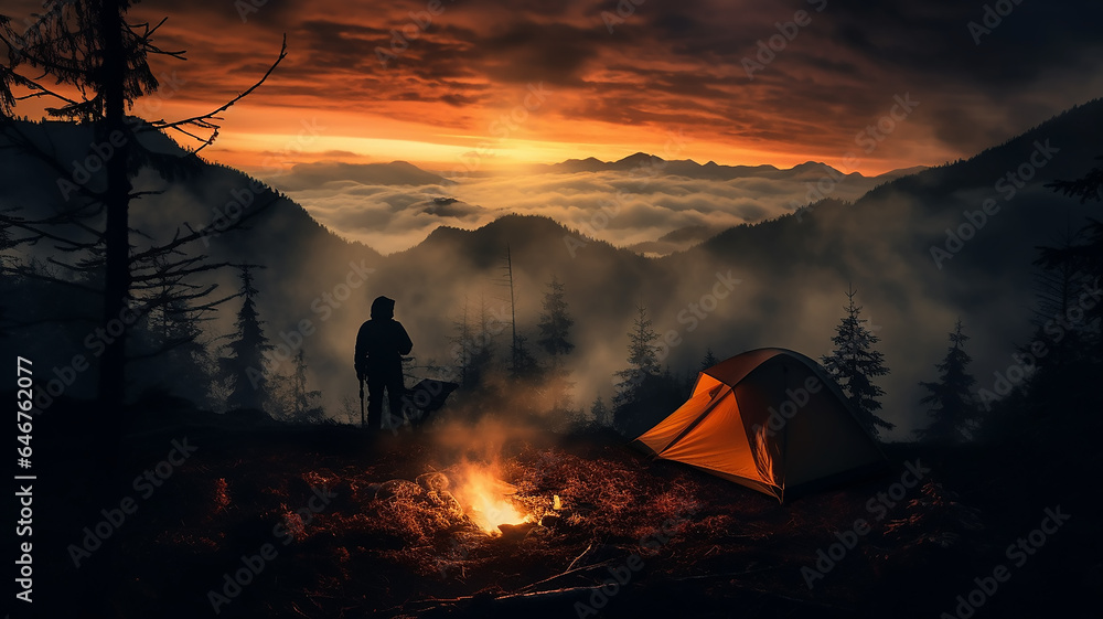 autumn campfire and tent in the night landscape of autumn mountains ...