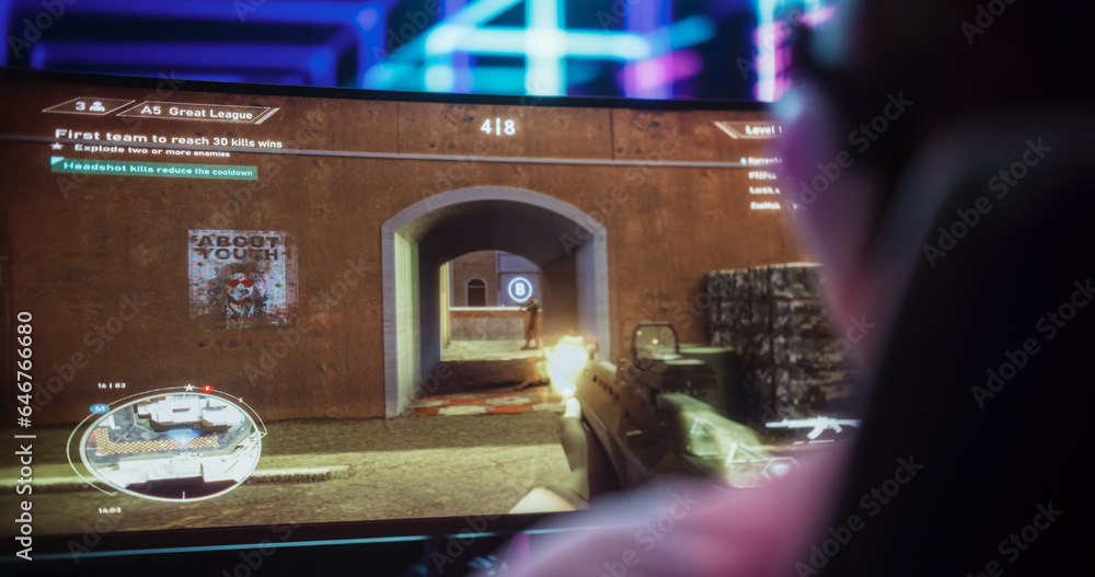 Close Up of a Female Gamer Girl Playing First-Person Shooter Online ...