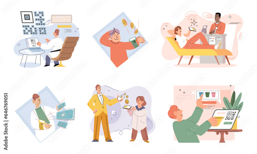 Cashless payment. Vector illustration. Mobile wallets cstore multiple ...