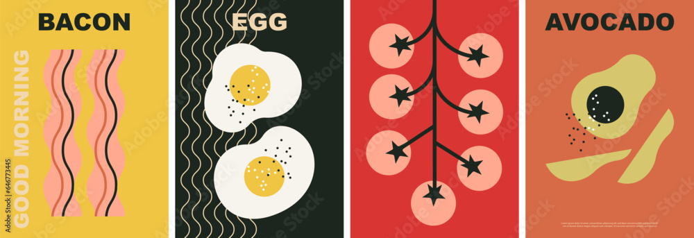 Abstract breakfast food set. Healthy food concept. Bacon, Eggs. Flat ...
