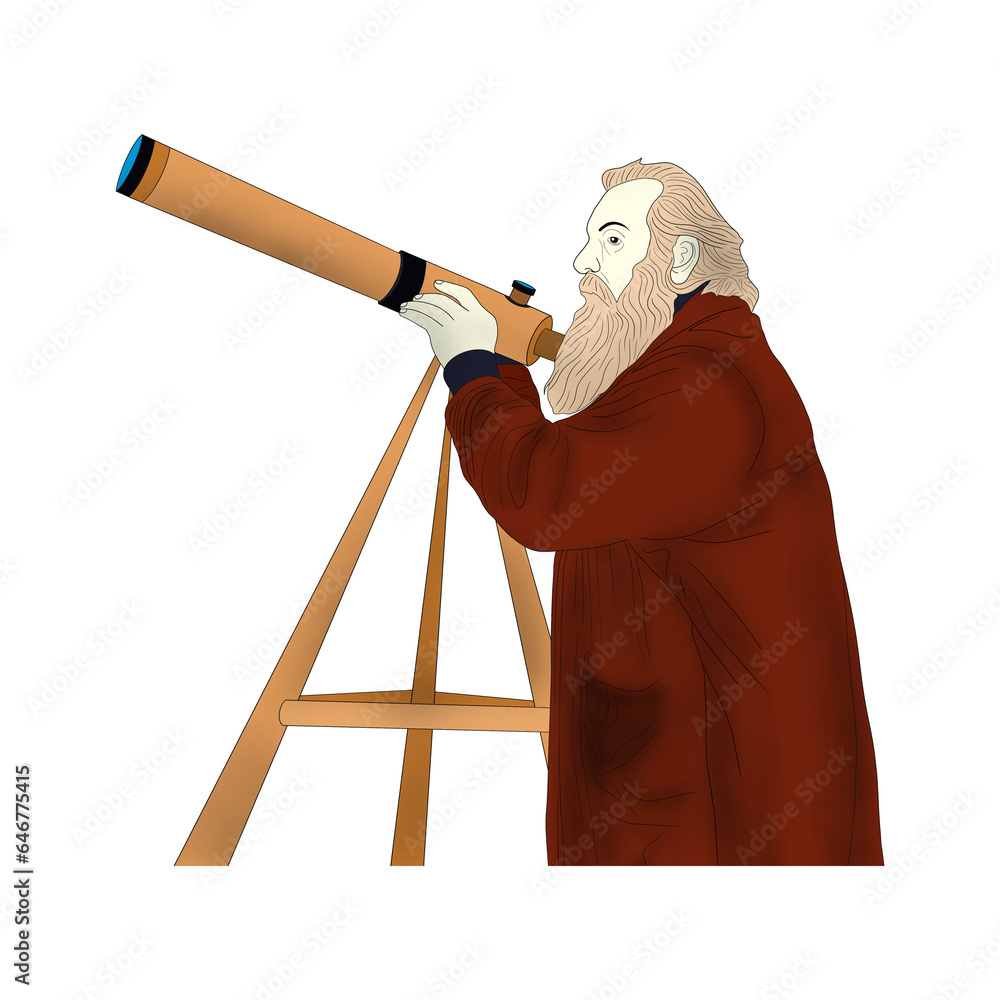 Galileo Galilei looking at the stars with a telescope painting isolated ...