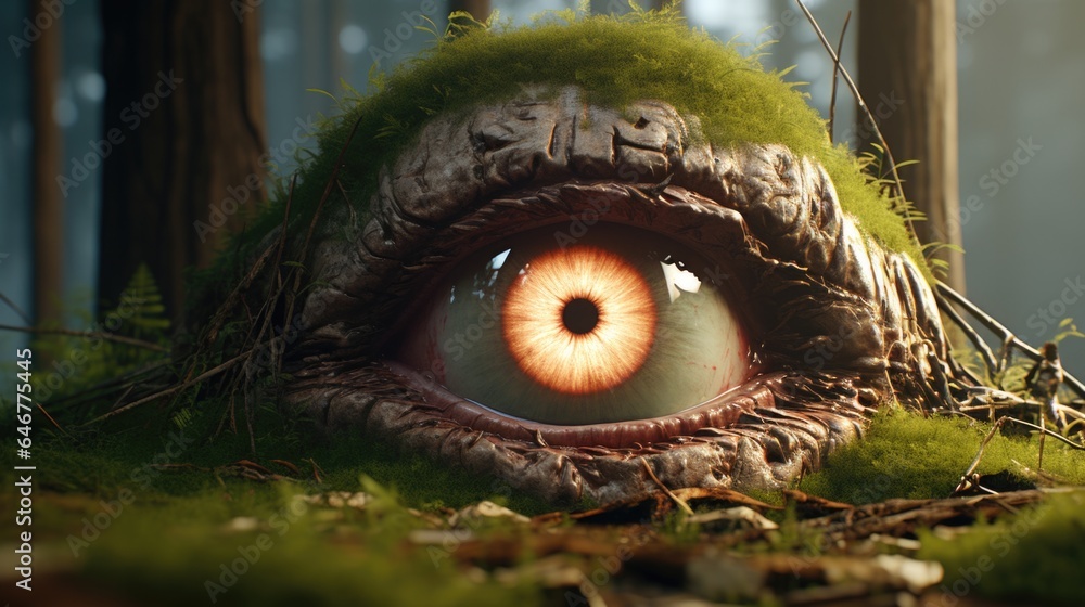 Surreal creepy green moss covered eye of the forest, nature watches ...