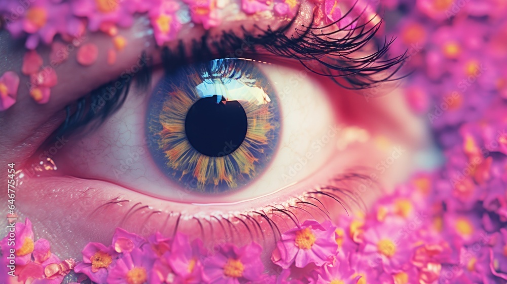 Artistic unreal eye with rainbow colored iris and dilated pupil ...