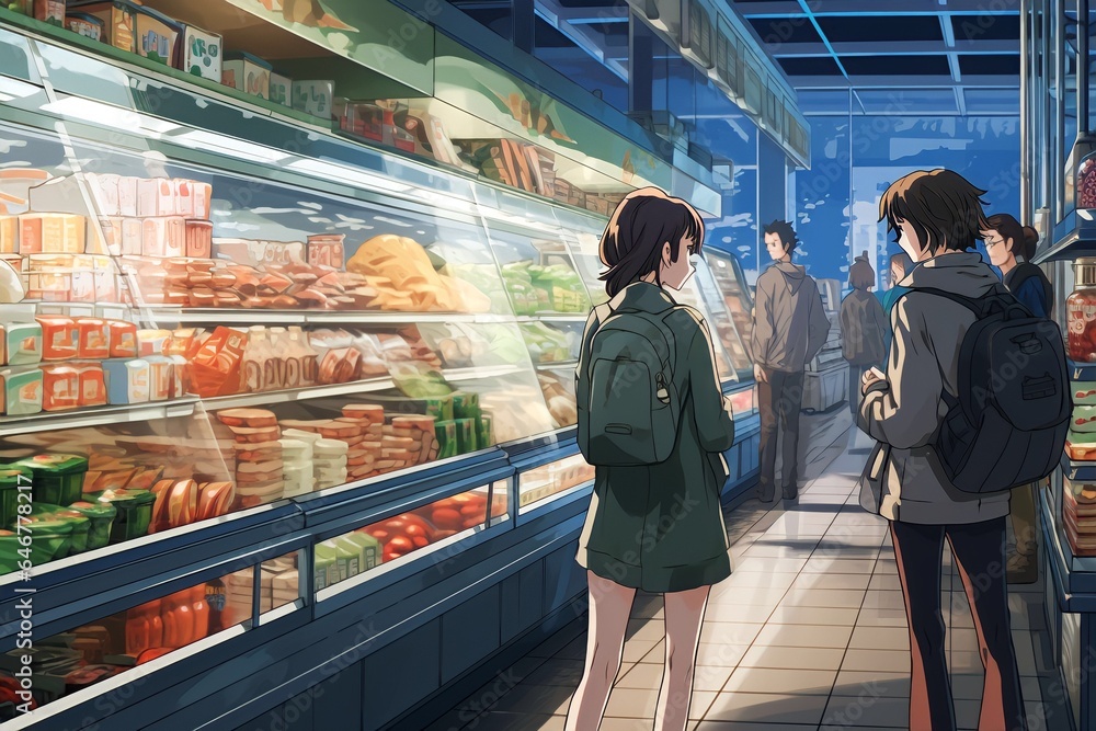 shopping in supermarket, with anime style Stock Illustration | Adobe Stock