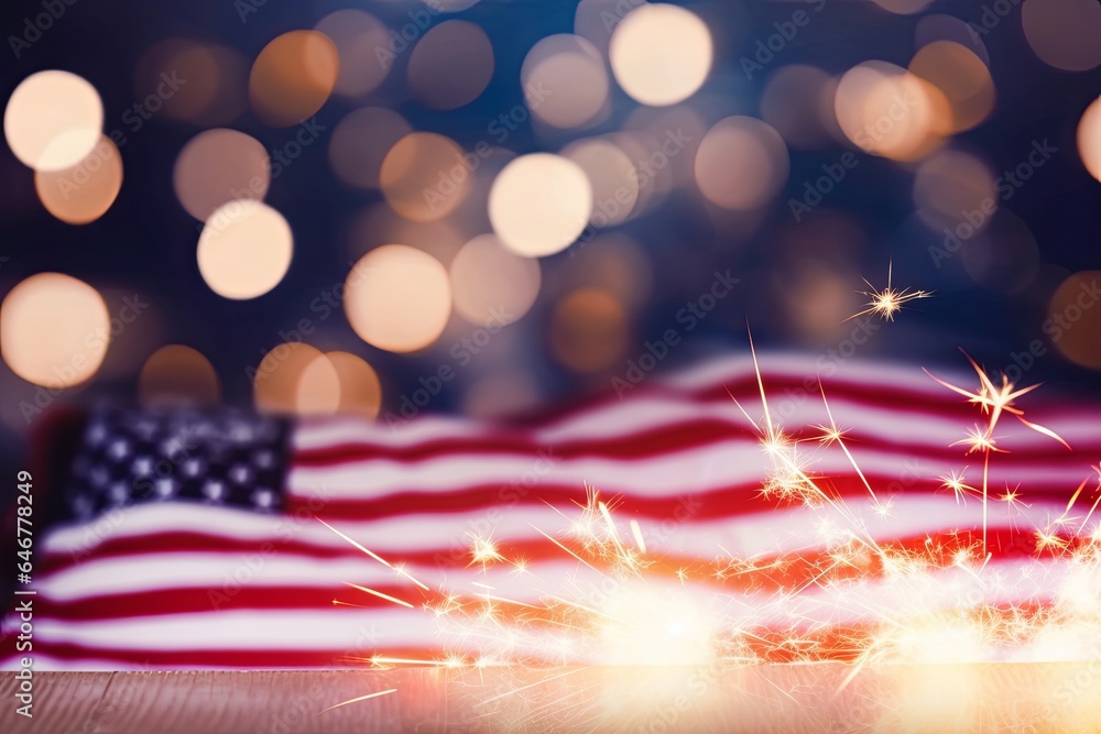 Sparkles with lights in soft focus and American flag on the background ...
