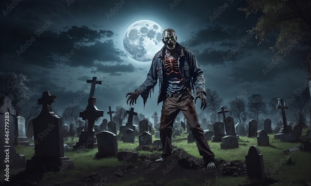 Cemetery Full Moon Zombie Halloween Horror Tombstones Artwork ai ...