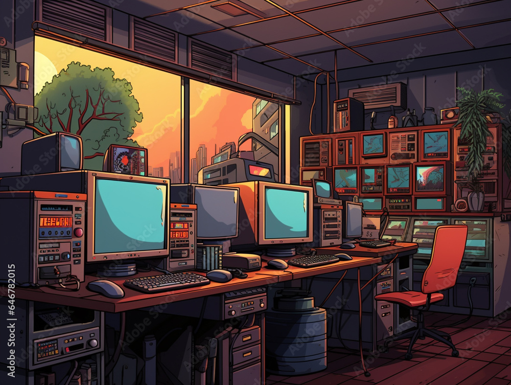 An Illustration of a 90s Computer Lab with Bulky Monitors Stock ...
