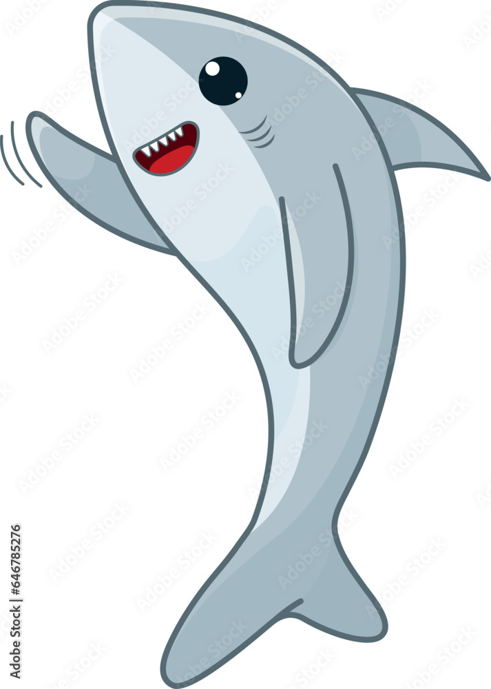 Cute grey cartoon shark is waving isolated on white background. Vector ...