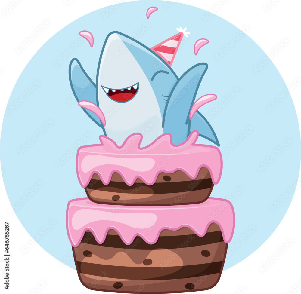 Cute cartoon vector illustration of birthday cake with a happy blue ...