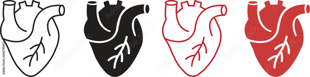 set of red Human Heart icons, Cardiac Muscle Line and Silhouette Color ...