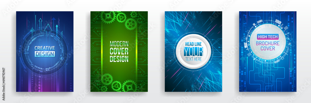 High-tech corporate document cover design. Blue set of hi-tech covers ...